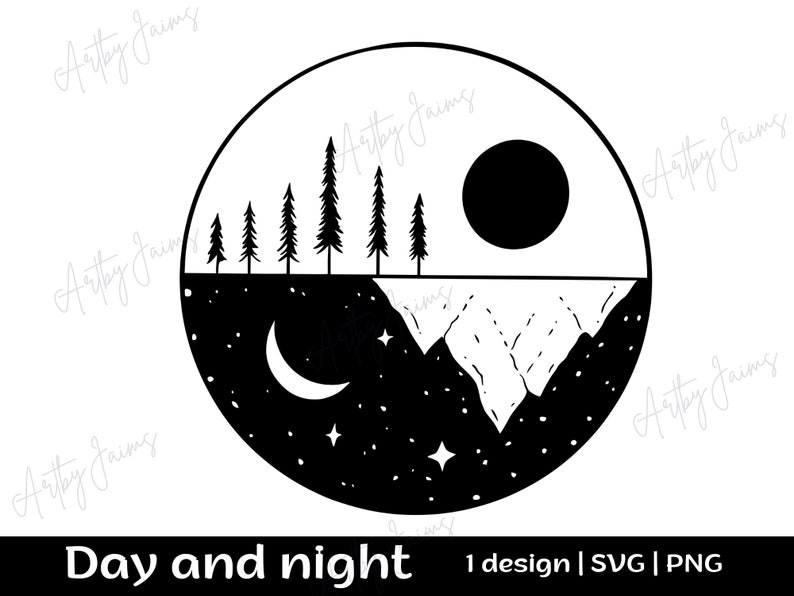 Day and Night SVG, Starry Night, Mountain Svg, Night Sky Png, Geometric ...