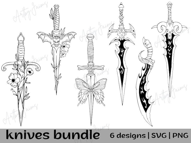 Daggers SVG, PNG, Knives Clipart, Butterfly Dagger, Flower Dagger, Dark ...