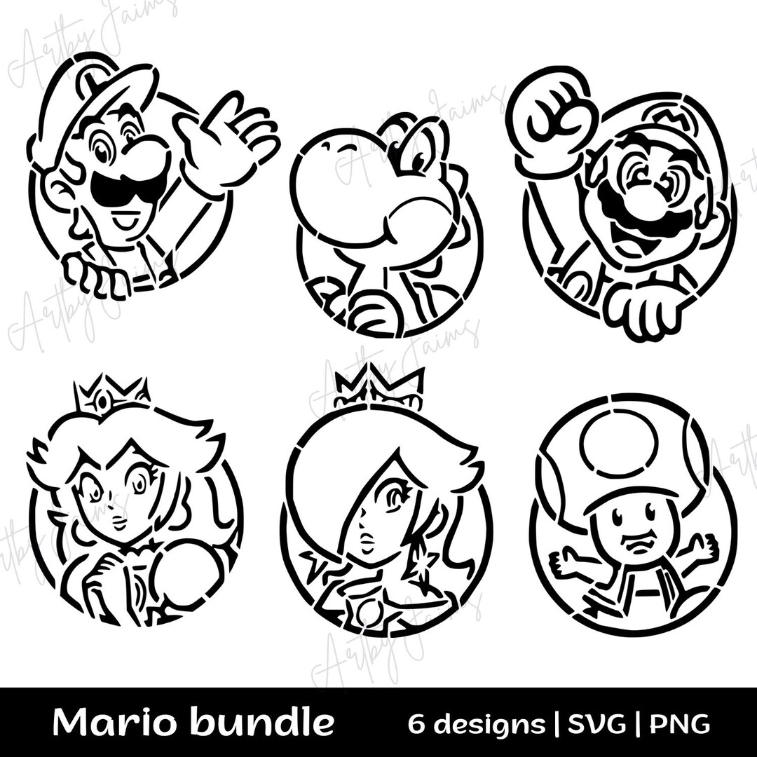 Mario SVG Bundle | 6 Super Mario Characters Line Art Cut Files – Cricut ...
