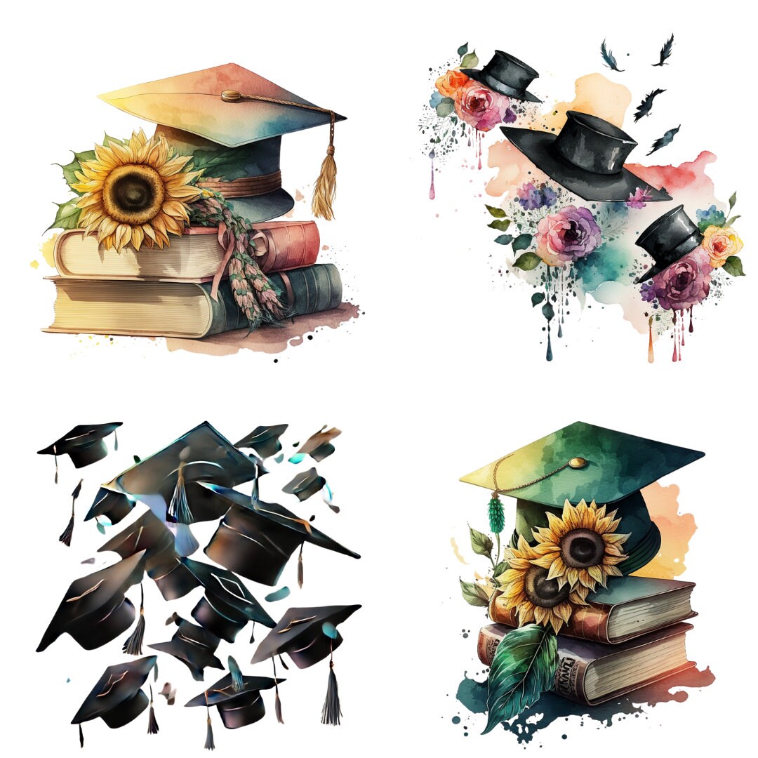Watercolor Graduation Clipart, School Clipart, Flower Hat, Stack of ...