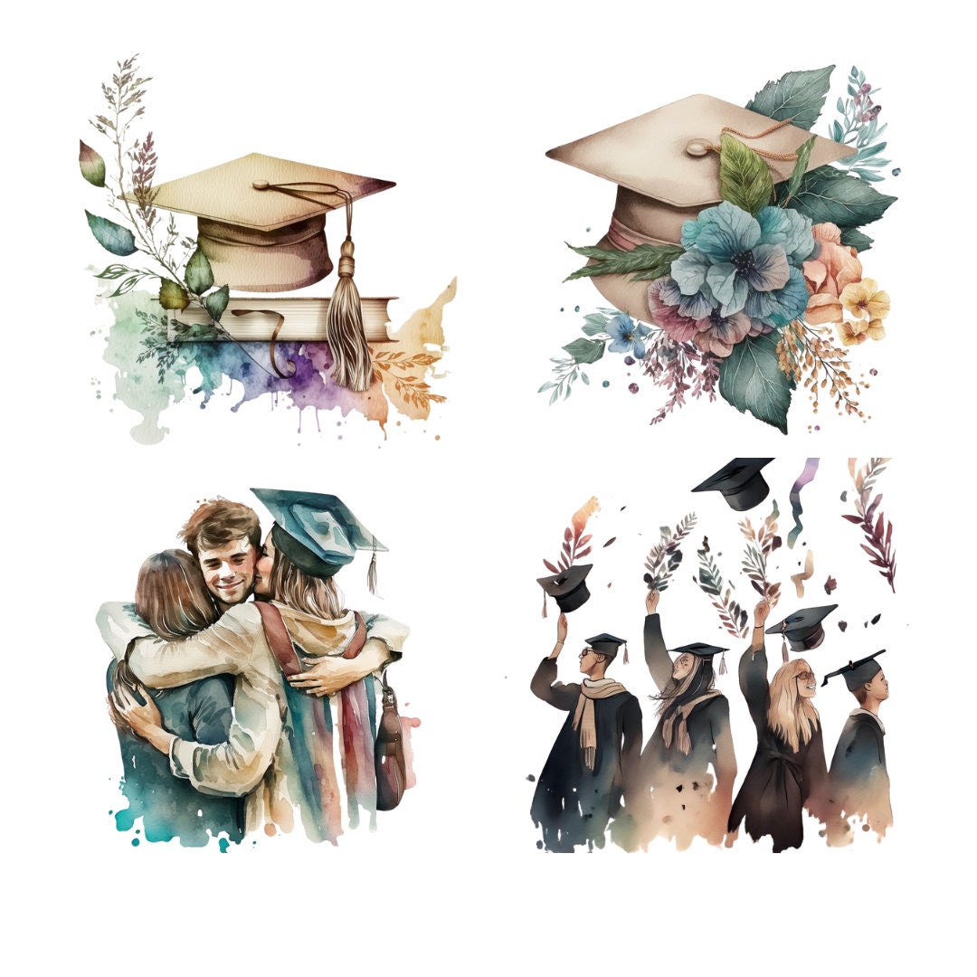 Watercolor Graduation Clipart, School Clipart, Flower Hat, Stack of ...