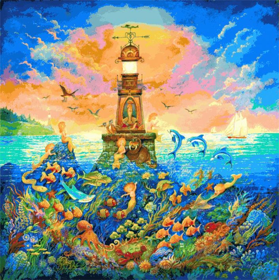 Underwater (v3) Lighthouse Mermaids Ocean World Full Coverage Cross ...