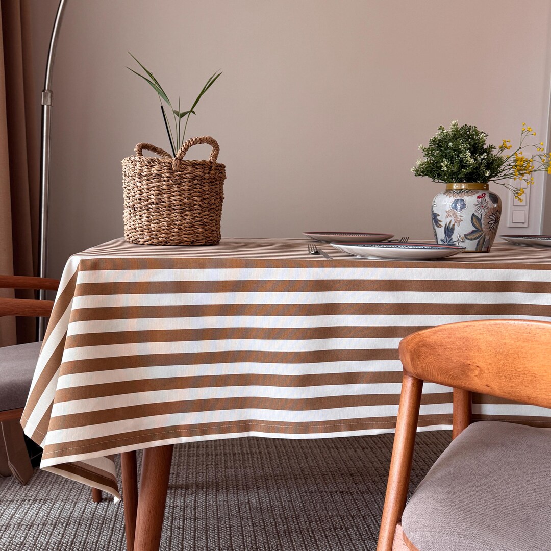 Brown Linen Table Cloth,striped, Spill-proof and Scratch Resistant ...
