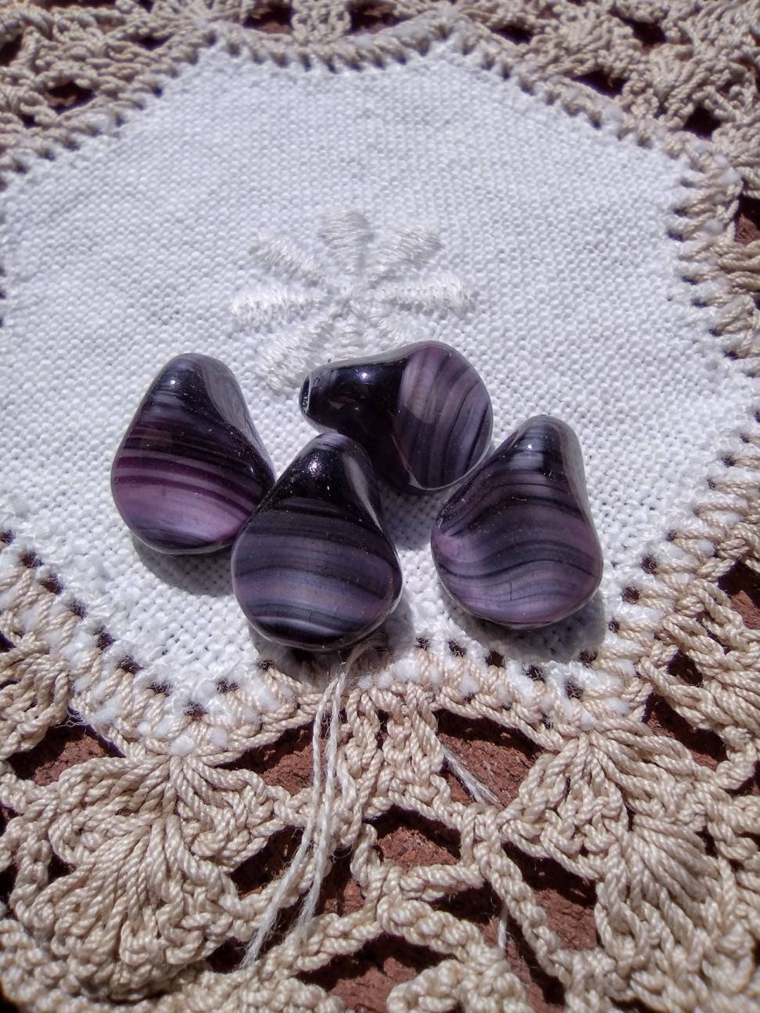 Ebony Black Satin Purple Pink Stripe Pinched Nugget Vintage Glass Beads ...