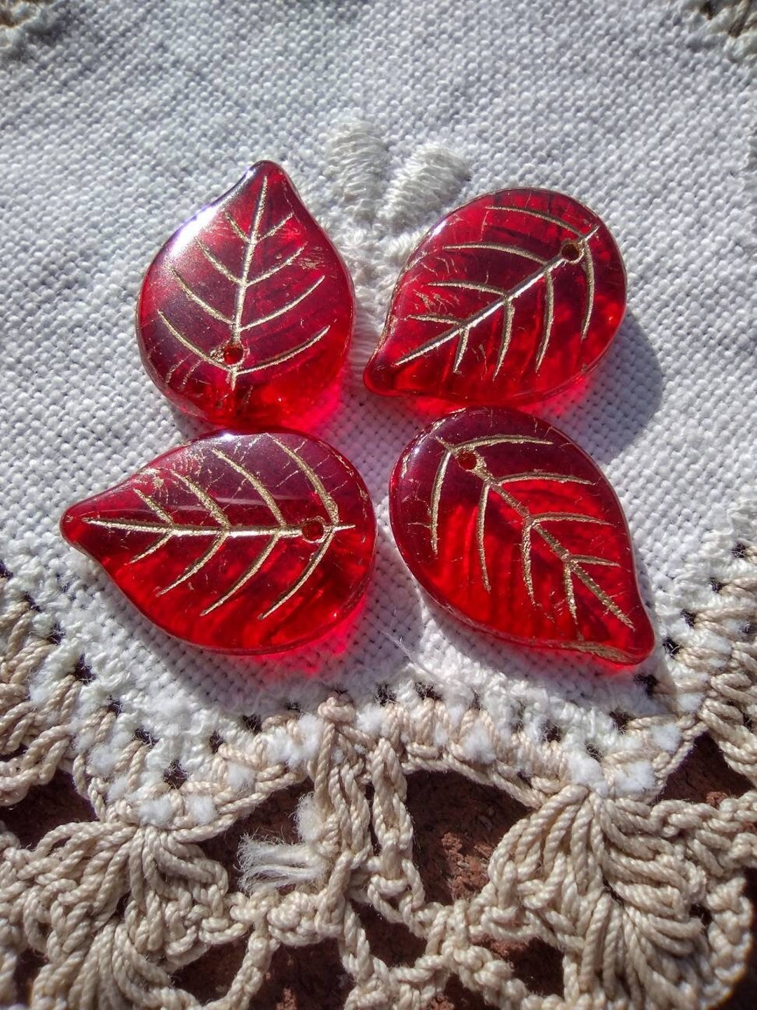 Crimson Red Gold Lavish Red Gold Double Sided Leaves Czech Glass Beads ...
