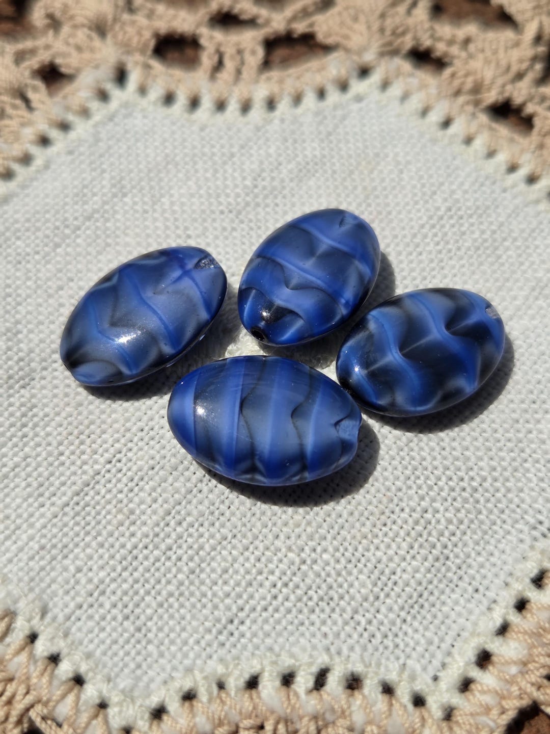 Silky Midnight Blue Ebony Black Striated Satin Ovals Vintage Czech ...