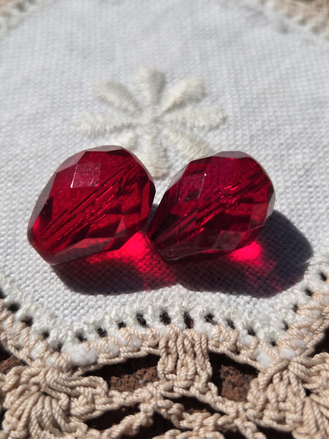 Glowing Garnet or Ruby Red Jewel Like Plump Faceted Drops Vintage Czech ...