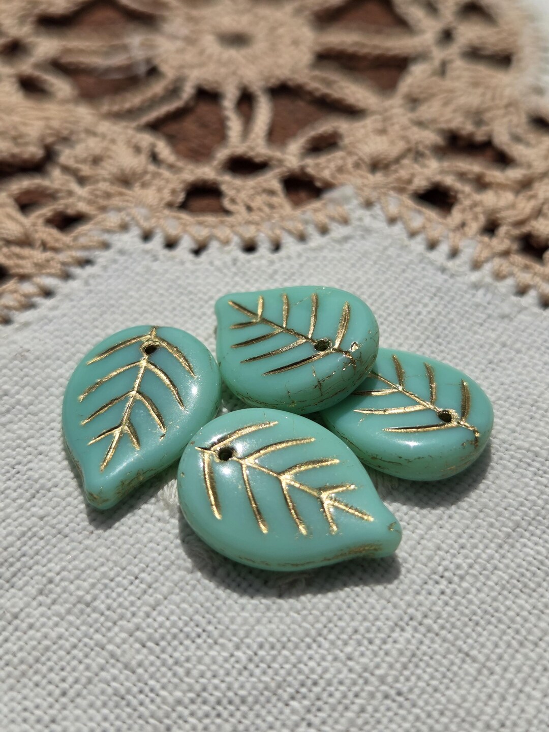Creamy Aqua Jade DOUBLE SIDED UV Reactive Gold Golden Etched Leaves ...