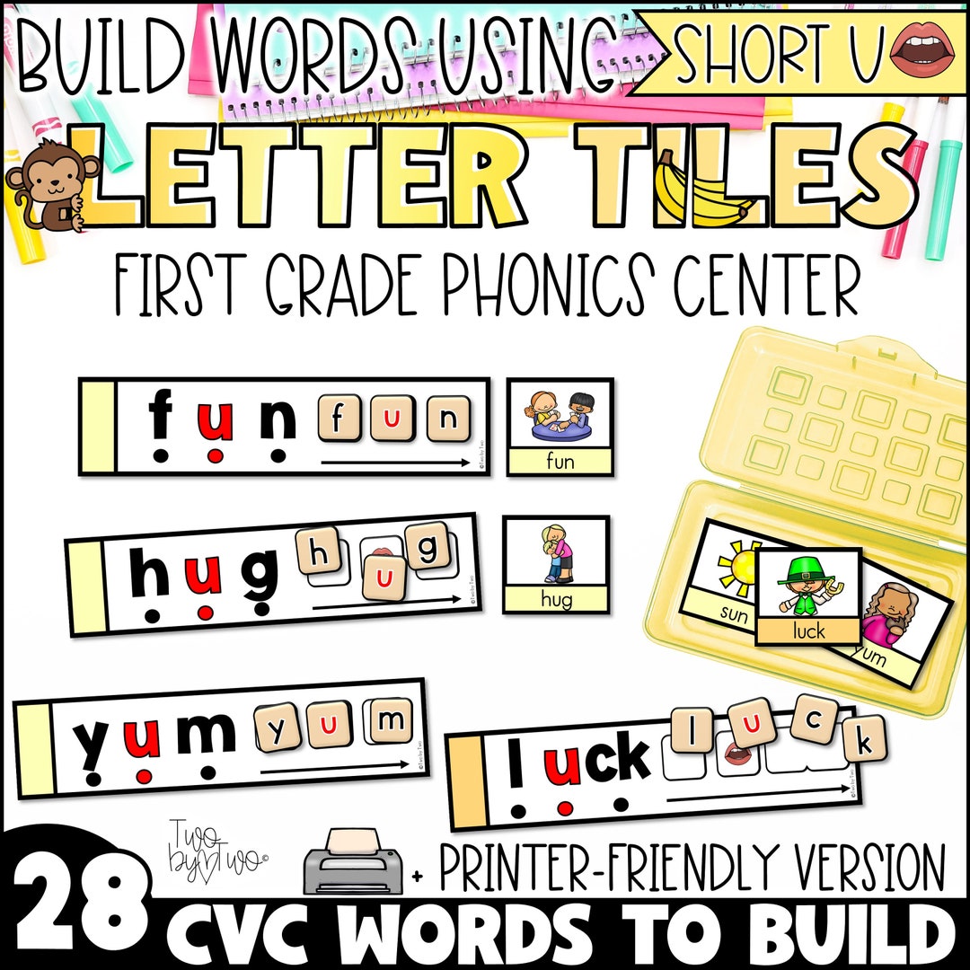 Short U CVC Words Task Cards Build Words W/ Letter Tiles Phonics Center ...