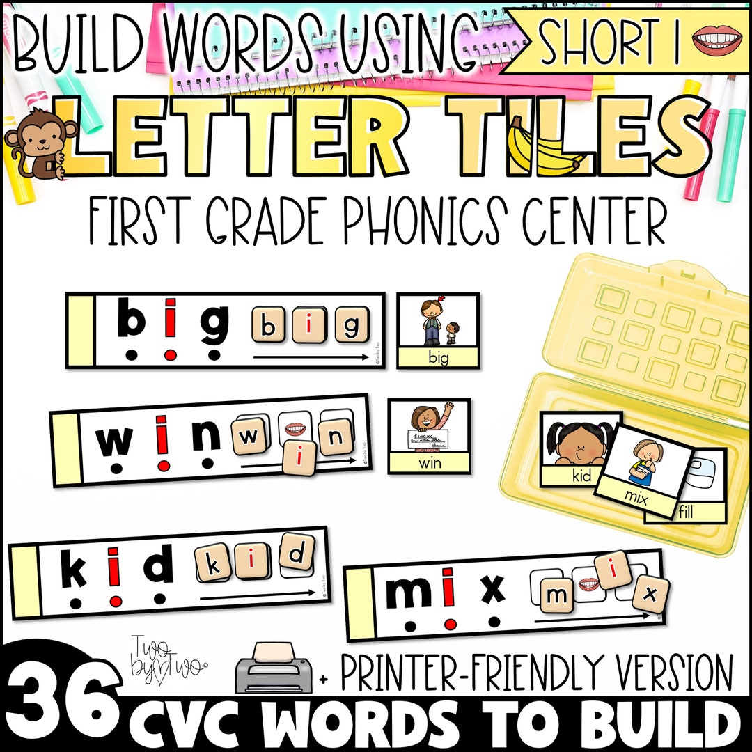 Short I CVC Words Task Cards Build Words W/ Letter Tiles Phonics Center ...