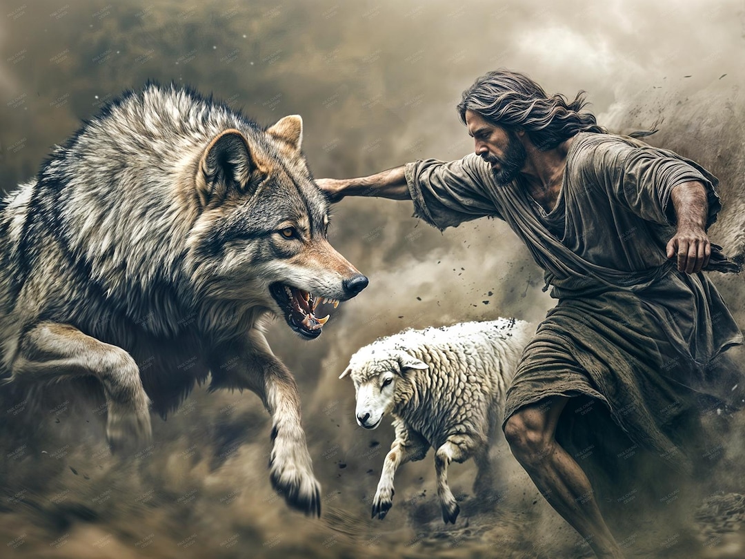 Jesus Protecting the Sheep From the Wolf - Etsy