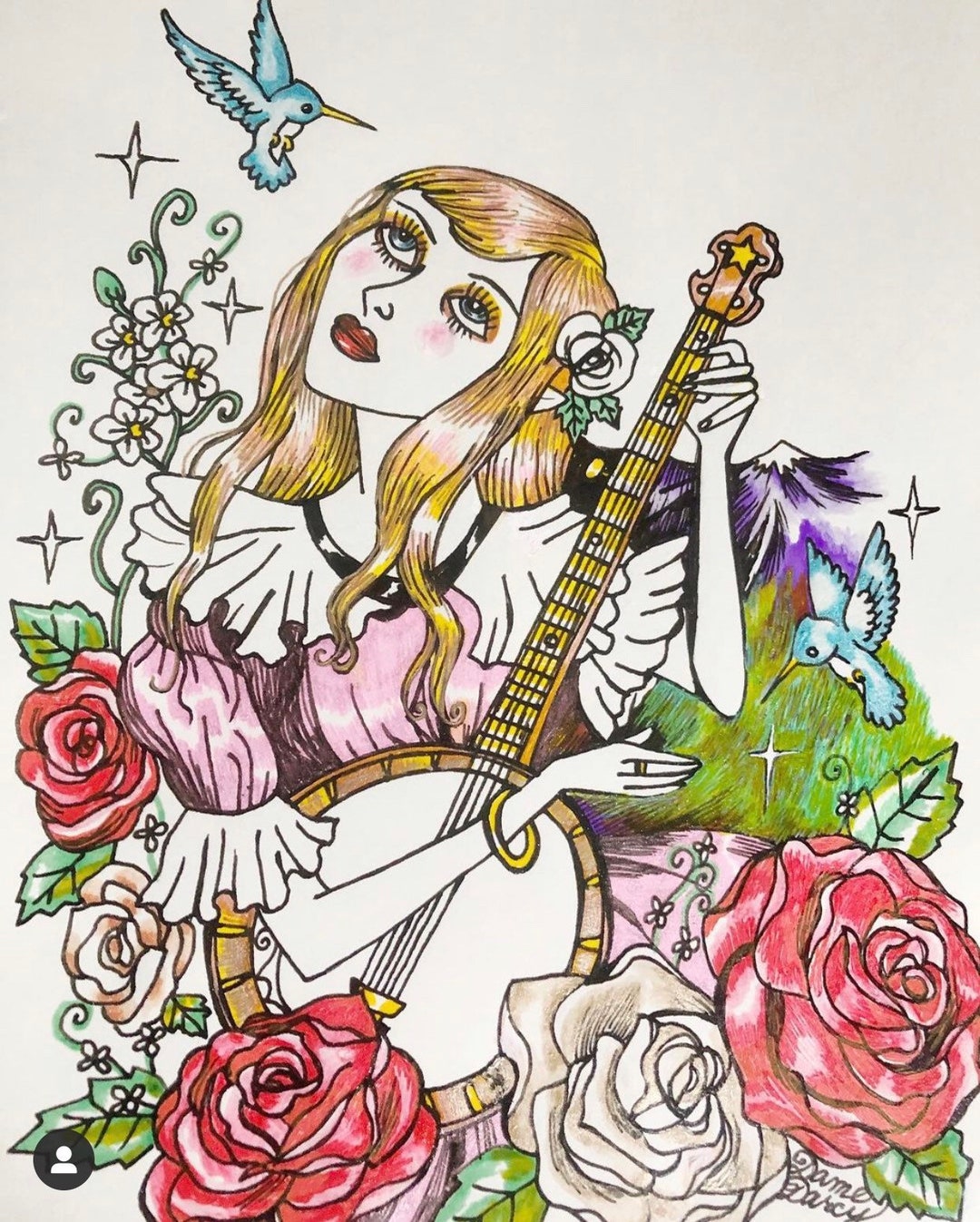 Banjo Roses Art Print Glycee Print Color Illustration Recycled - Etsy