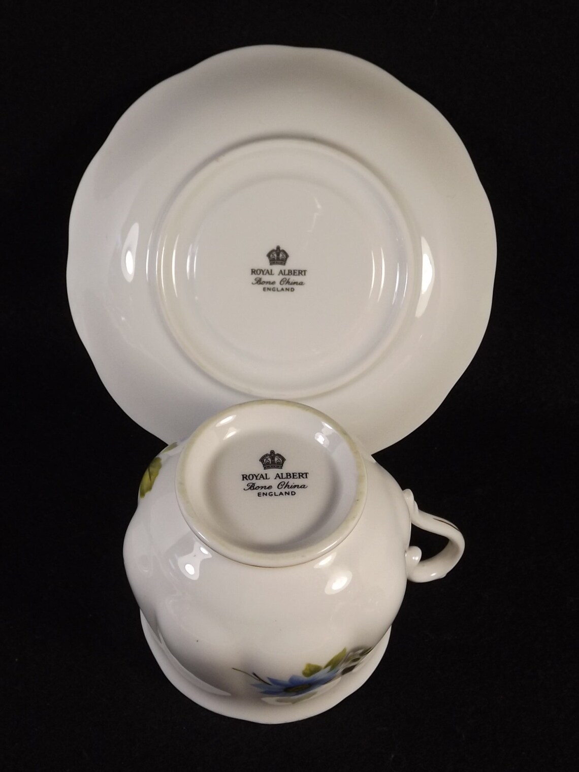 Royal Albert Blue Flower Green Leaves Little White Flowers Cup Saucer ...