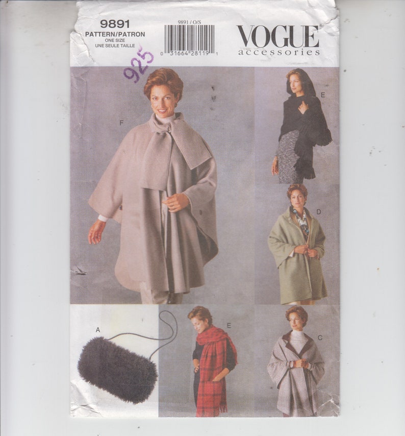 Vogue 9891 Accessories Shawls 4 Styles, Wrap, Muff With Concealed ...
