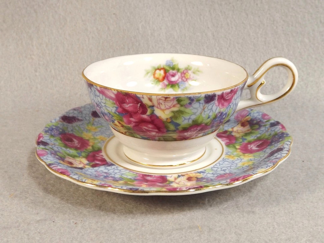 Occupied Japan Chintz Cup Saucer, Blue Border With Floral Pattern ...