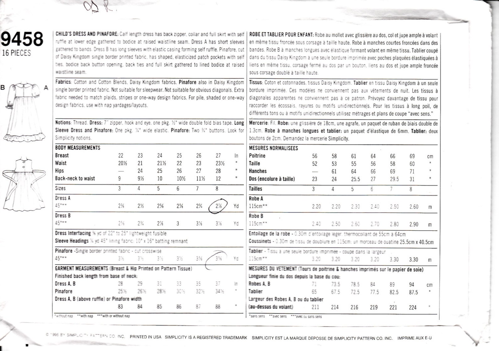 Simplicity 9458 Daisy Kingdom Childs' Dress Pinafore | Etsy