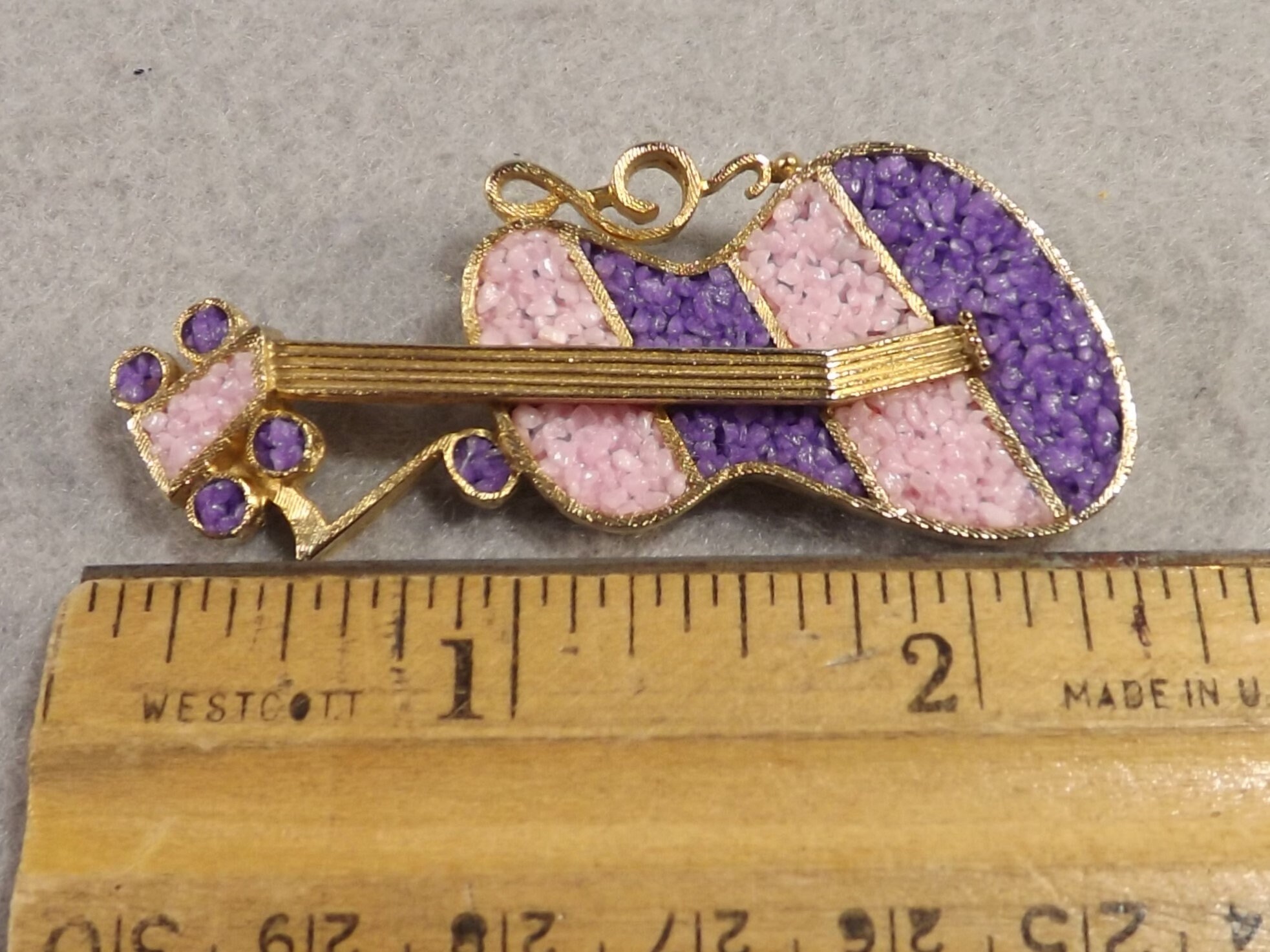 Tortolani Jewelry, Guitar Pin Brooch, 1970s Pink and Purple Crushed ...