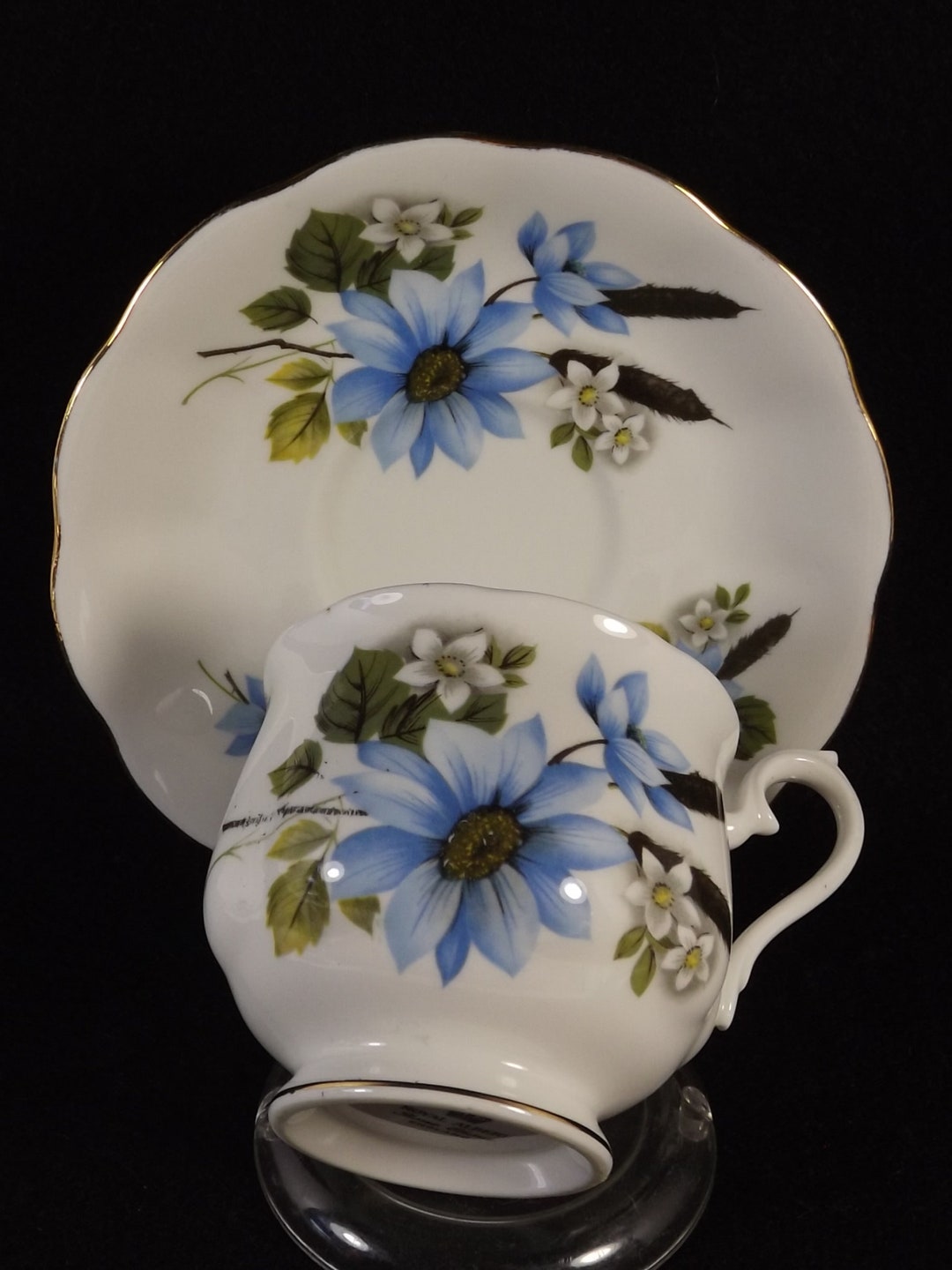 Royal Albert Blue Flower Green Leaves Little White Flowers Cup Saucer ...
