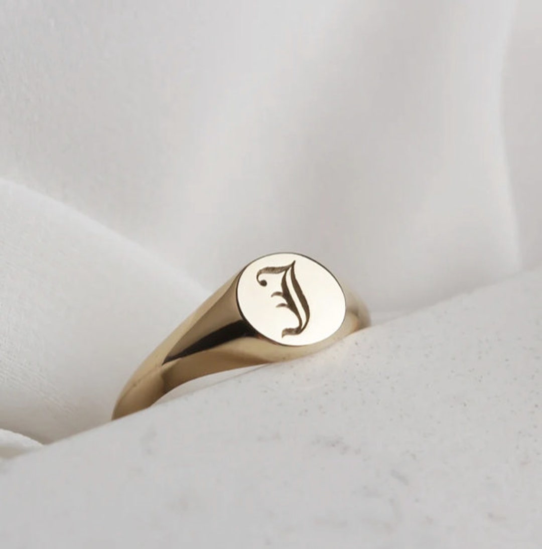 Old English Signet Ring Gift for Him Custom Initial Signet Ring Gold ...