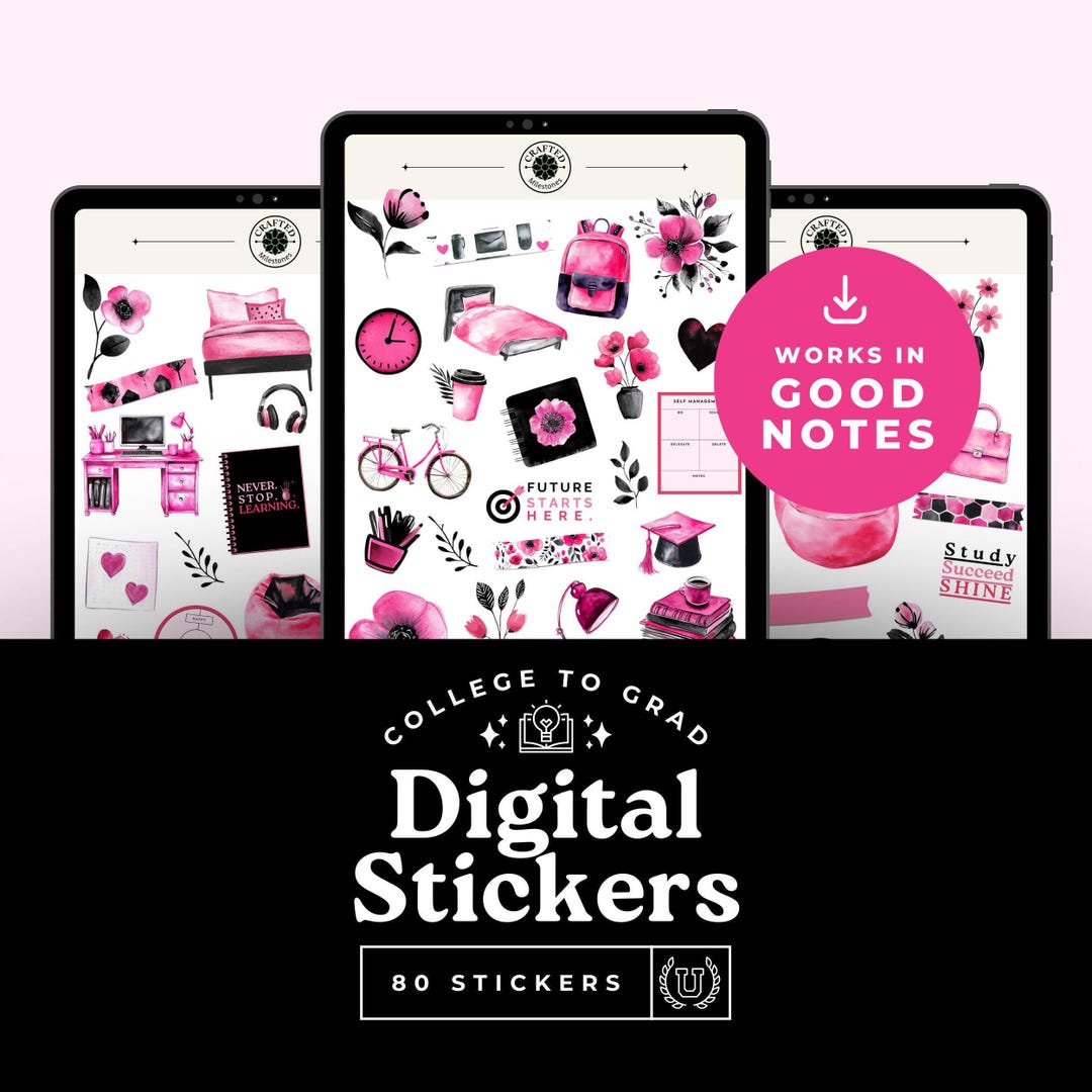 Hot Pink Black Goodnotes Stickers College Student Freshman Essentials ...