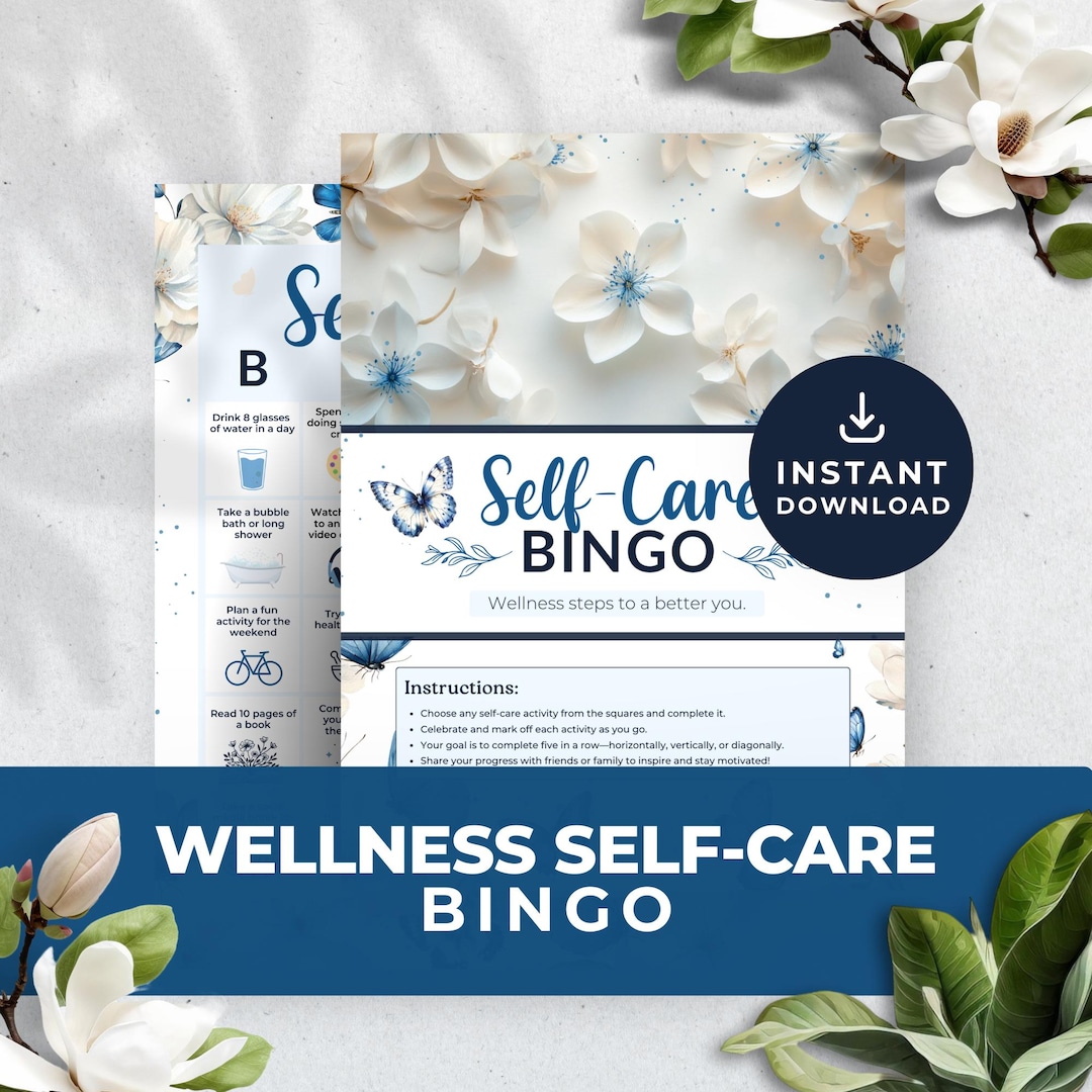 Blue Butterflies Wellness Self Care Bingo Card | Mental Health Therapy ...
