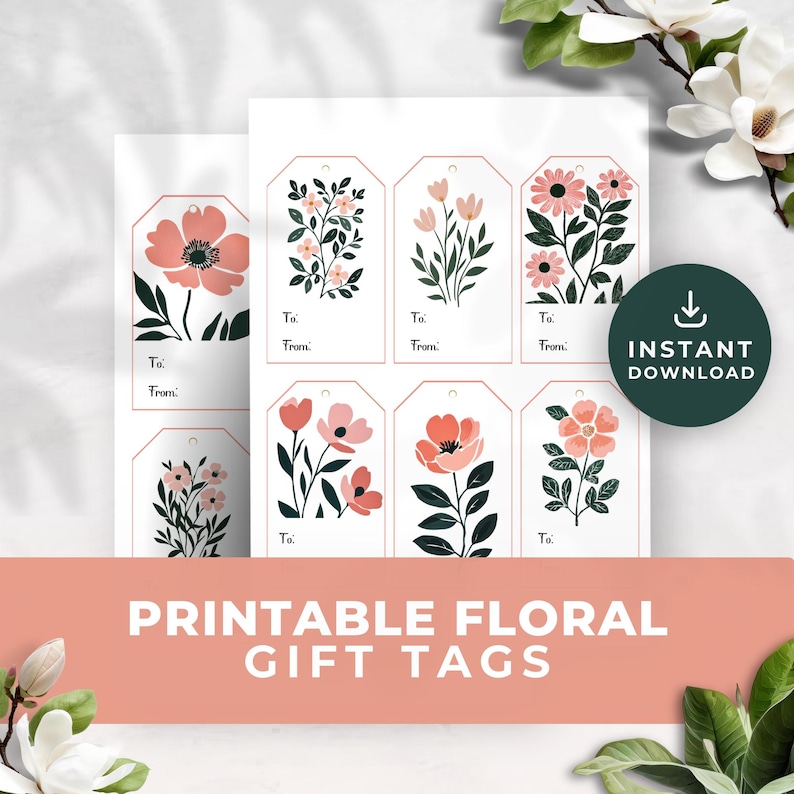 Soft Pink Forest Green Abstract Flower Gift Tags Printable Botanical ...