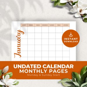 Burnt Orange Undated Monthly Calendar Pages Landscape | Blank Monday ...