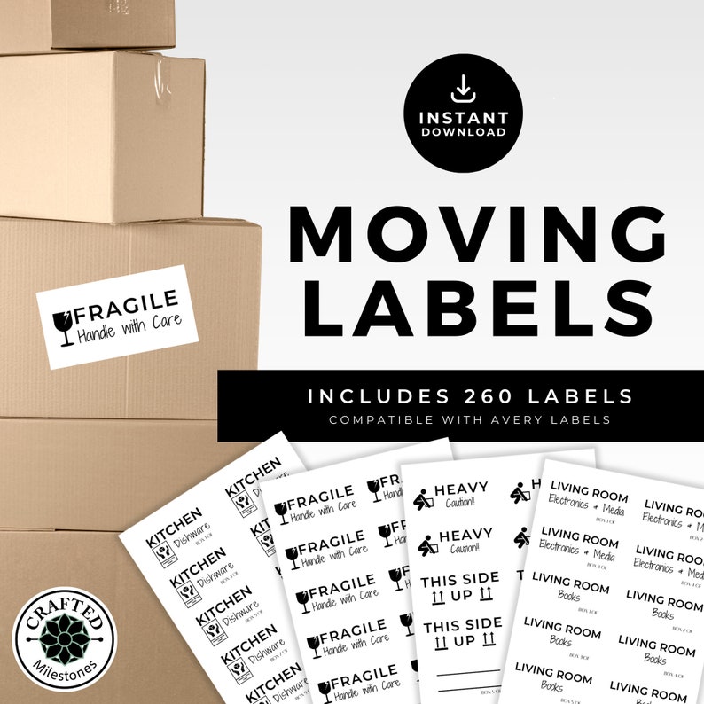 Minimalist Labels for Moving Boxes | Simple Room Specific Homeowners ...