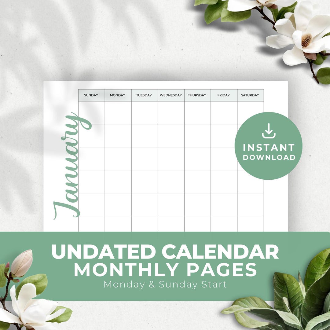 Sage Green Undated Monthly Calendar Pages Landscape | Blank Monday ...