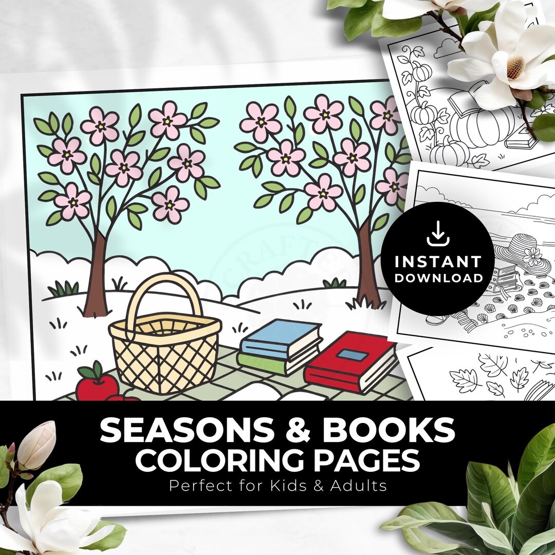 Four Seasons Coloring Pages | Cozy Bookish Designs | Bold Easy Literary ...