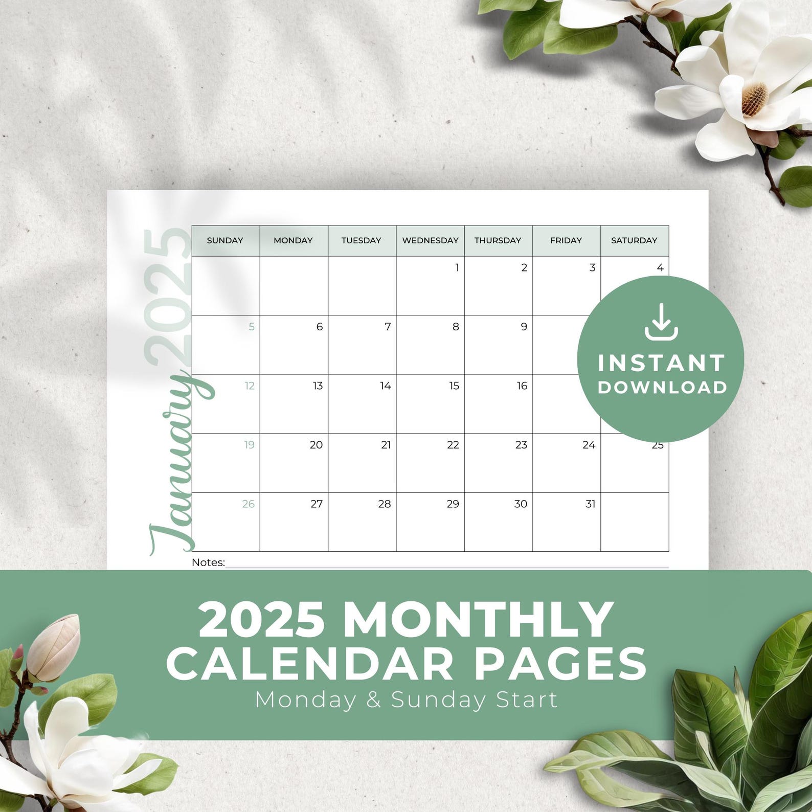 Sage Green 2025 Monthly Calendar Printable Minimalist With Notes ...