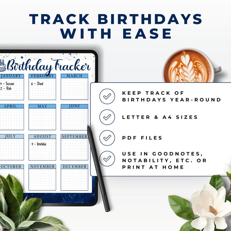 Royal Blue Birthday Tracker Printable Planner Journal Reminder ...