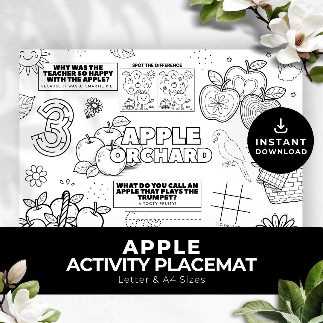 Apple Fruit Coloring Activity Placemat Kids Printable Tropical Birthday ...