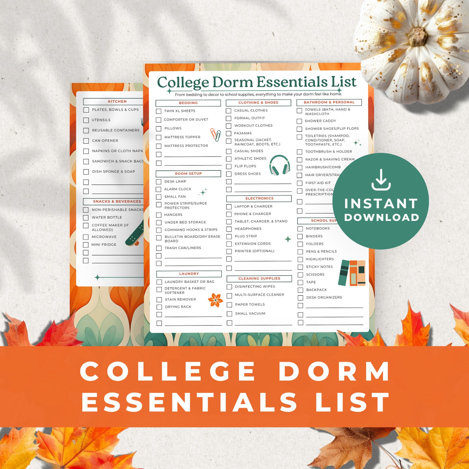 Orange Green College Dorm Packing List | Freshman Student Gift Must ...