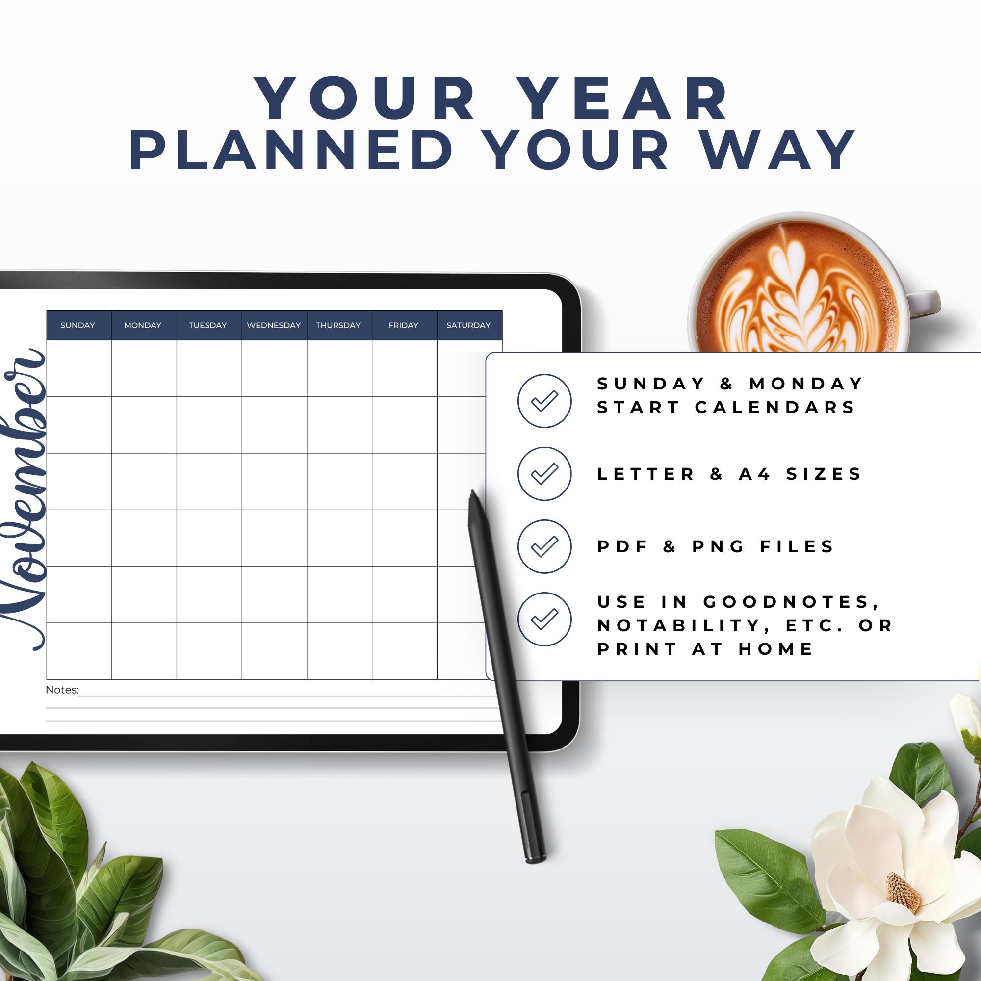 Navy Blue Undated Monthly Calendar Pages Landscape | Blank Monday ...