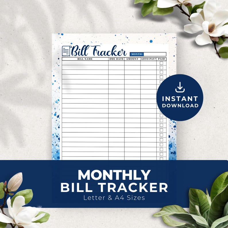 Royal Blue Monthly Bill Tracker Printable | Finance Savings Budget Checklist Planner Organizer ...