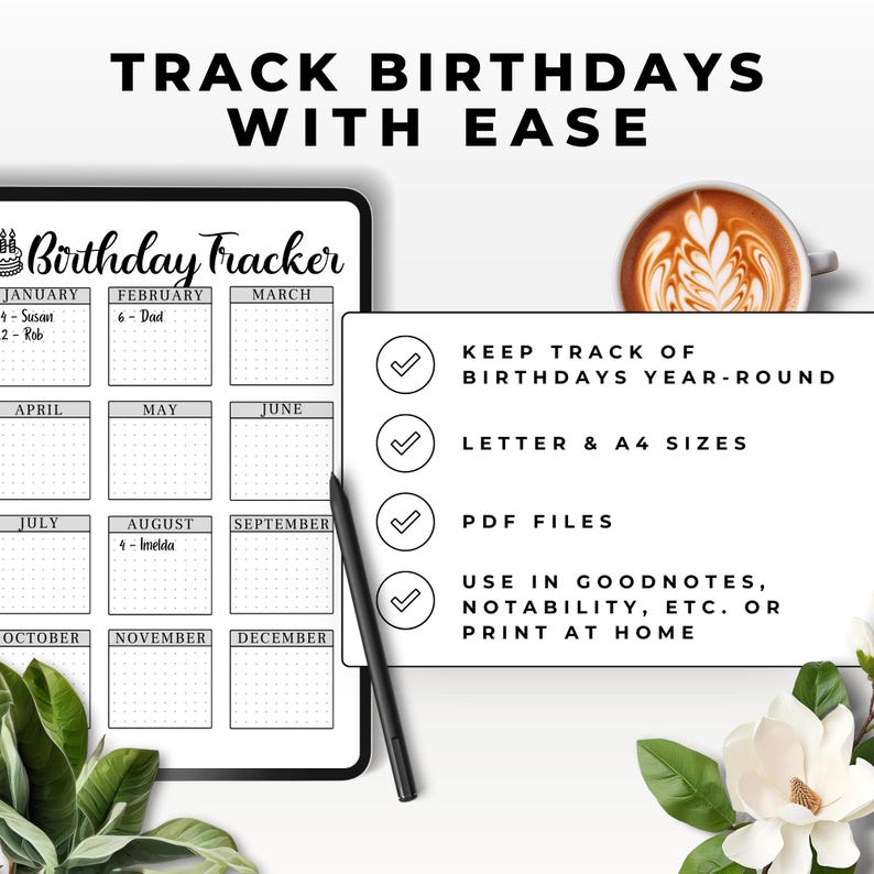 Minimalist Birthday Tracker Printable | Simple Planner Journal Reminder ...