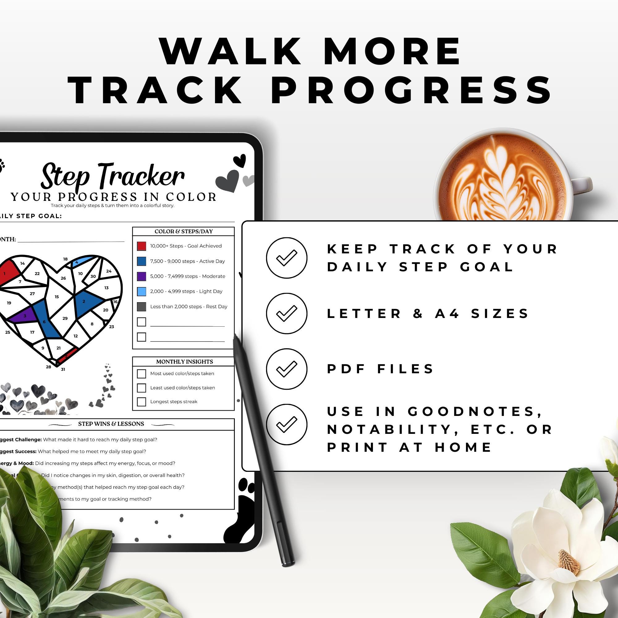 Modern Black Step Tracker Printable Monthly Coloring Fitness Planner ...