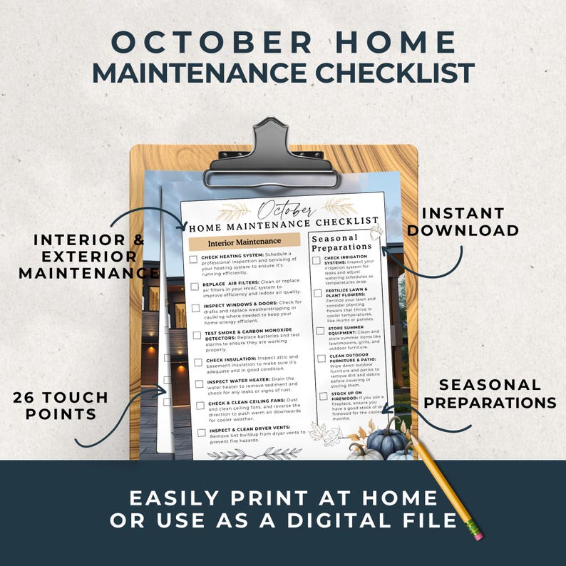Modern Navy October Home Maintenance Checklist | Homeowner First Time Buyer | Fall Autumn ...