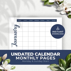 Navy Blue Undated Monthly Calendar Pages Landscape | Blank Monday ...