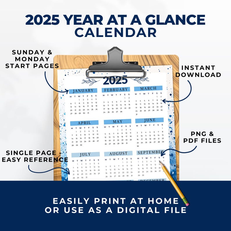 Royal Blue Watercolor Calendar 2025 Png New Year at a Glance Full ...