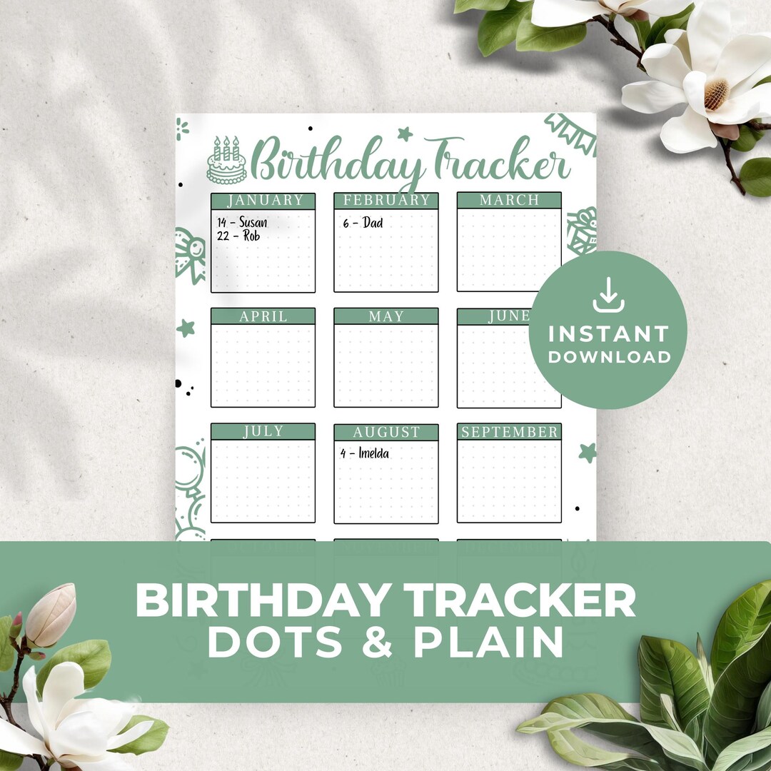 Sage Green Birthday Tracker Printable Planner Journal Reminder ...