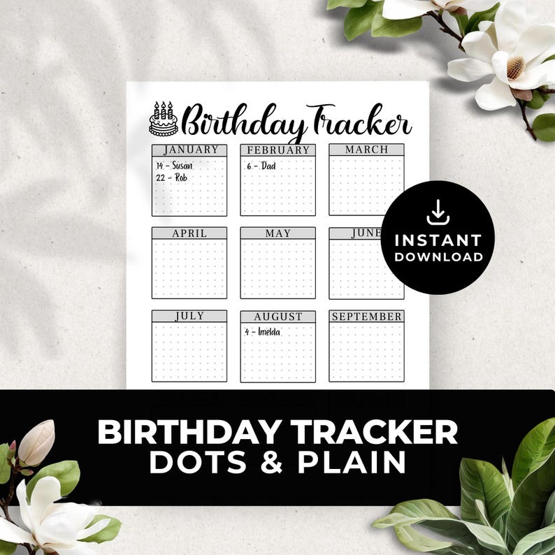 Minimalist Birthday Tracker Printable Simple Planner Journal Reminder ...