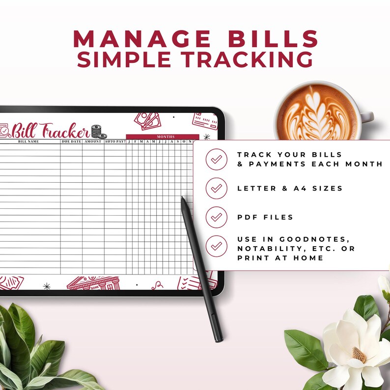 Burgundy Red Monthly Bill Tracker Printable Finance Savings Budget Checklist Planner Organizer ...