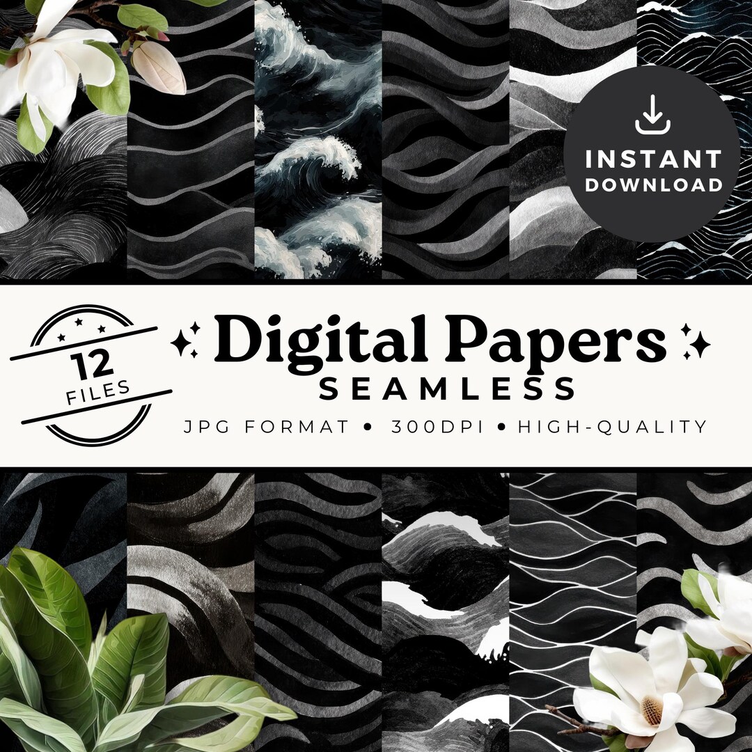 Dark Moody Black White Wave Digital Papers | Goth Waved Seamless ...