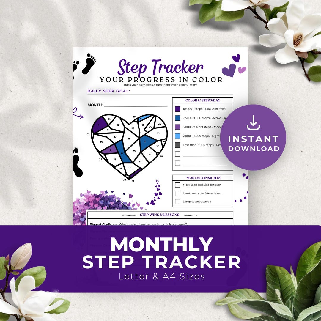 Dark Purple Step Tracker Printable Monthly Coloring Fitness Planner ...