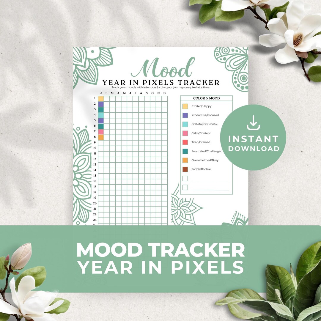 Sage Green Year in Pixels Tracker Printable Mood Journal Planner ...