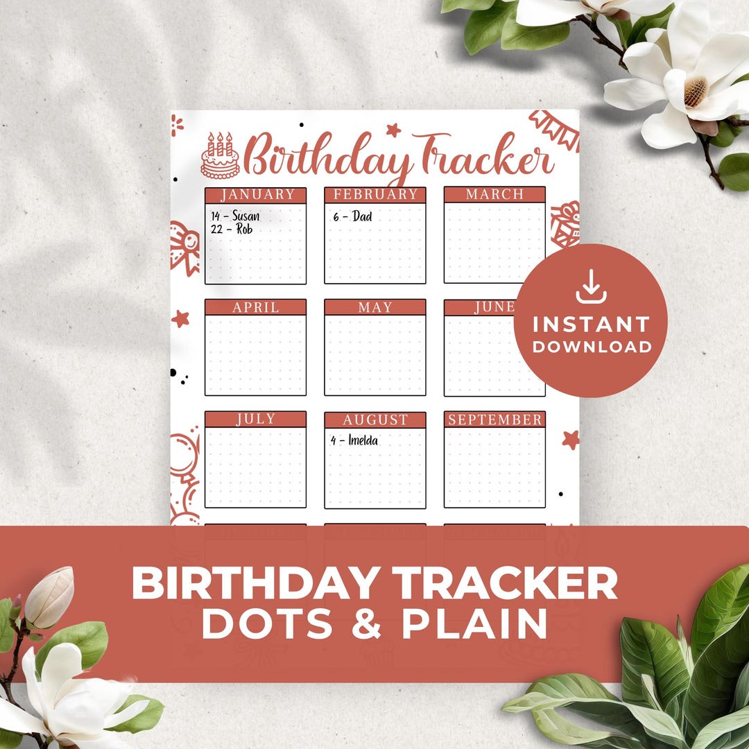 Terracotta Birthday Tracker Printable Planner Journal Reminder ...