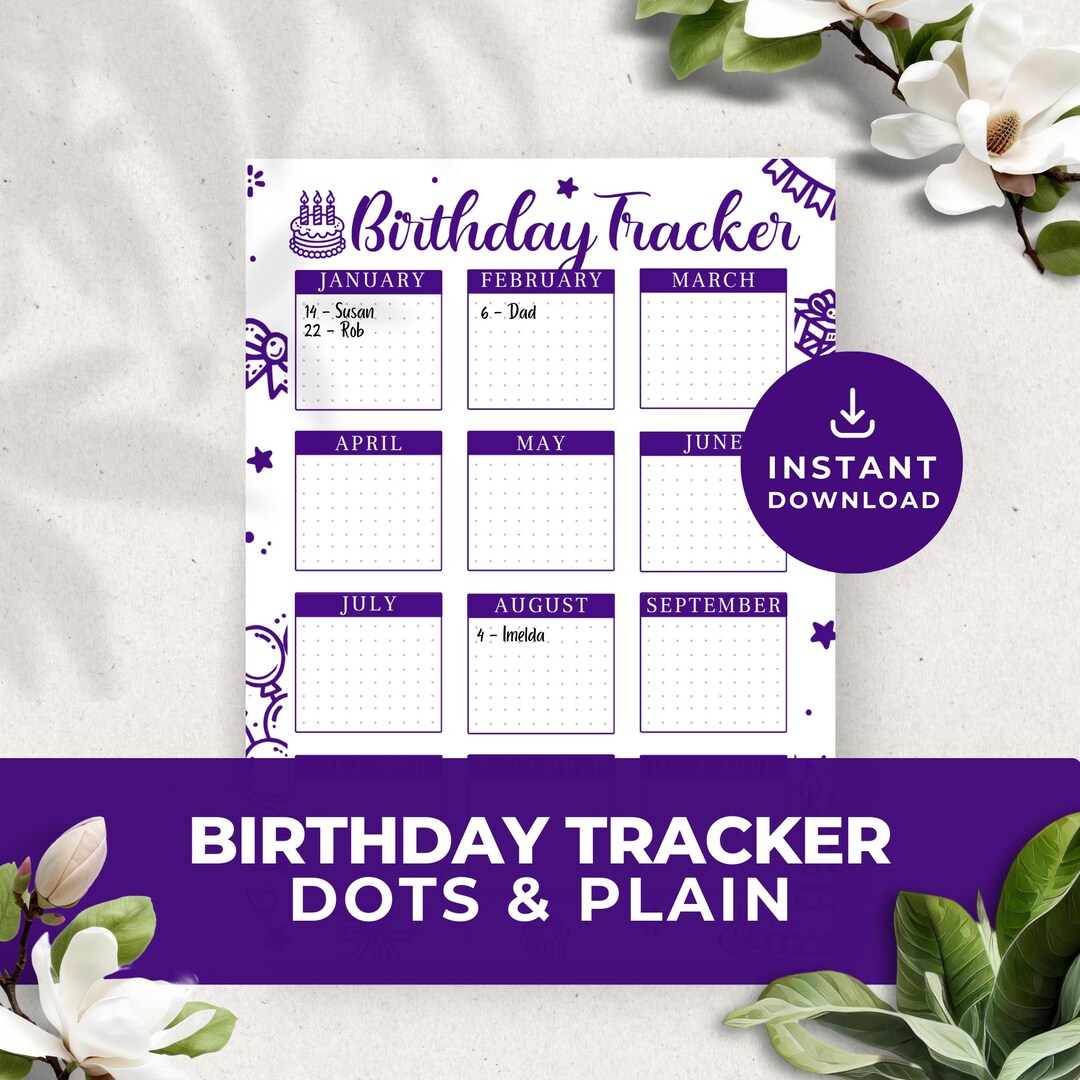 Dark Purple Birthday Tracker Printable Planner Journal Reminder ...
