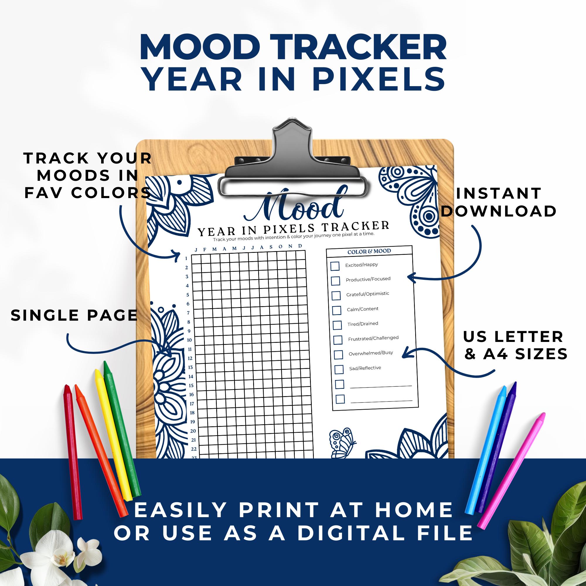 Navy Blue Year in Pixels Tracker Printable Mood Journal Planner ...